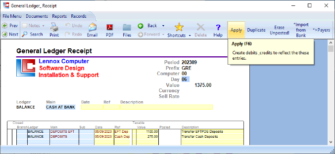 General Ledger Receipt