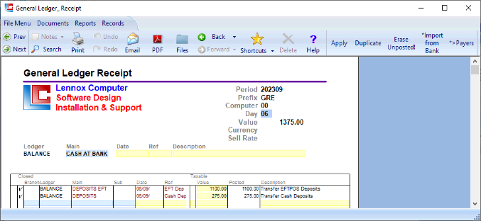 General Ledger Receipt