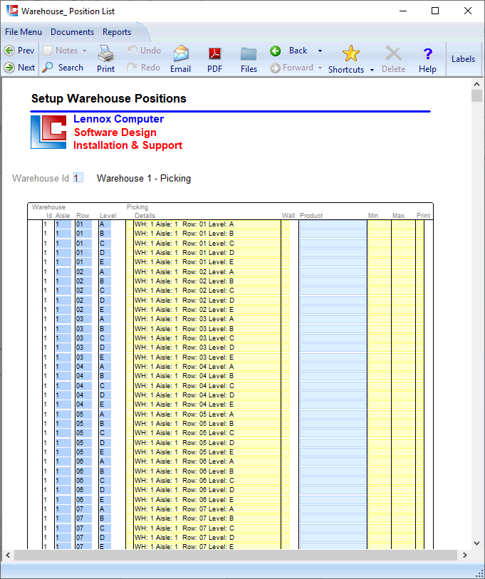 Warehouse Position List